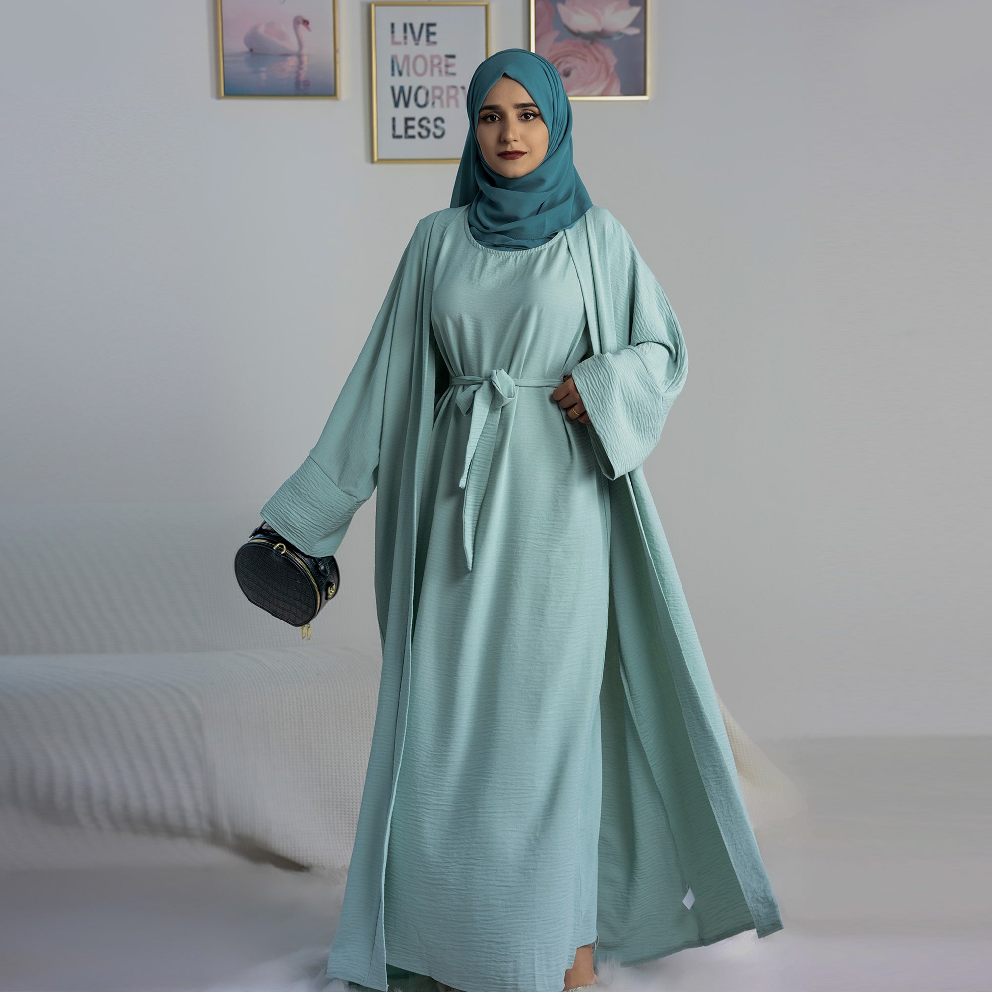Modest Two-Piece Abaya with Belt - Spearmint Blue – Islamify